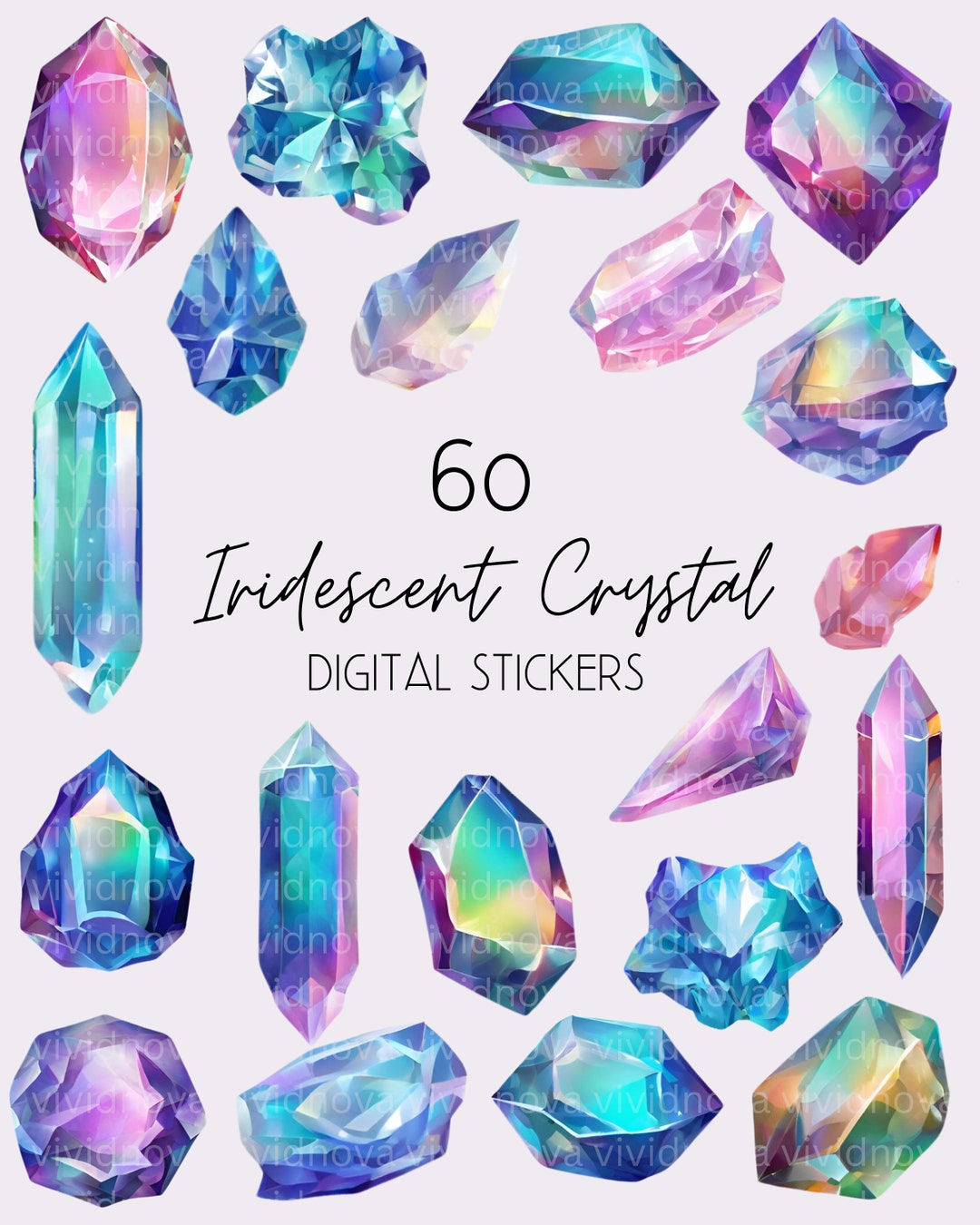 Iridescent Crystal Digital Sticker Bundle | 60 Pre-cropped Stickers for ...