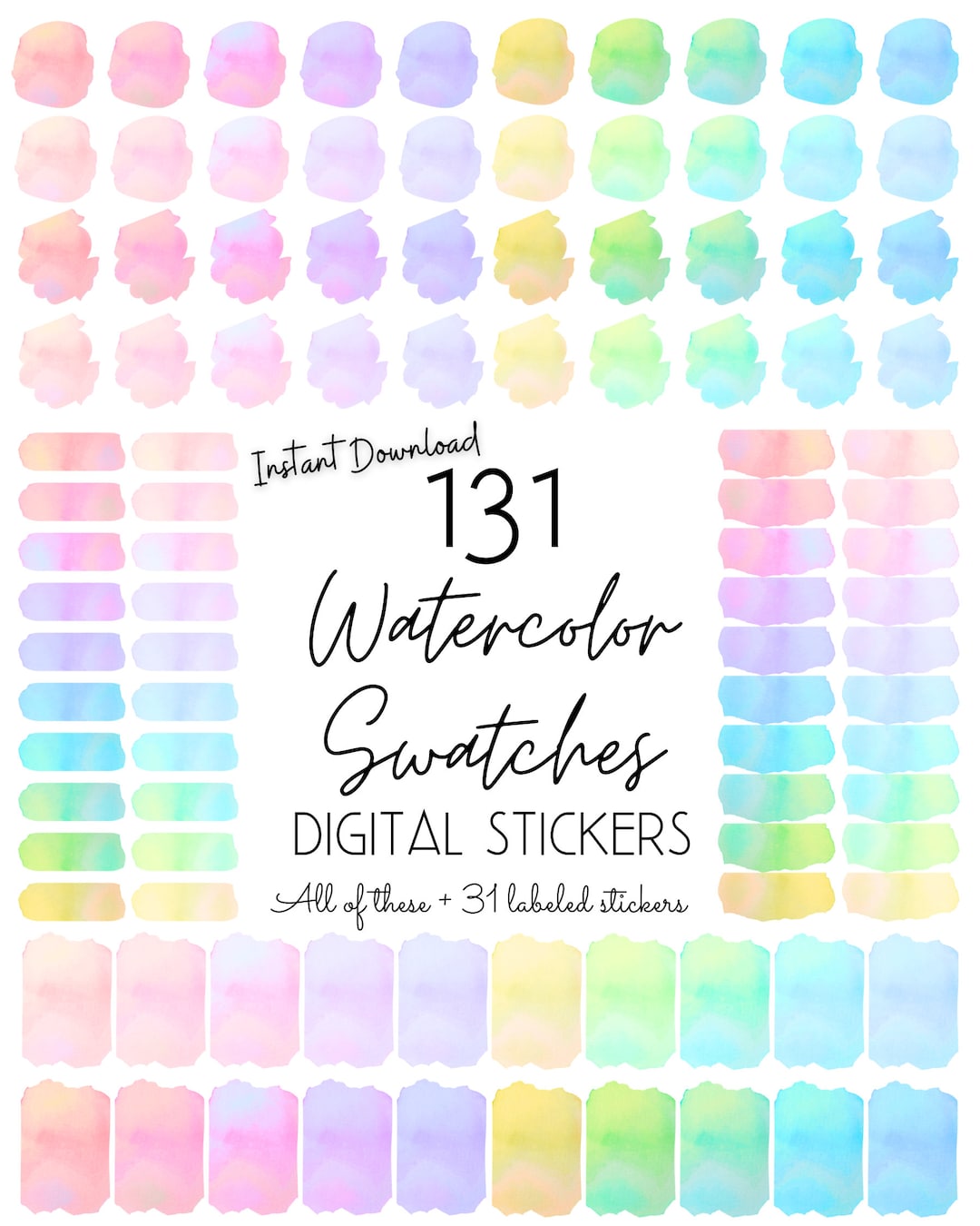 Watercolor Swatches Pre-cropped Digital Stickers | 131 Individual PNG ...