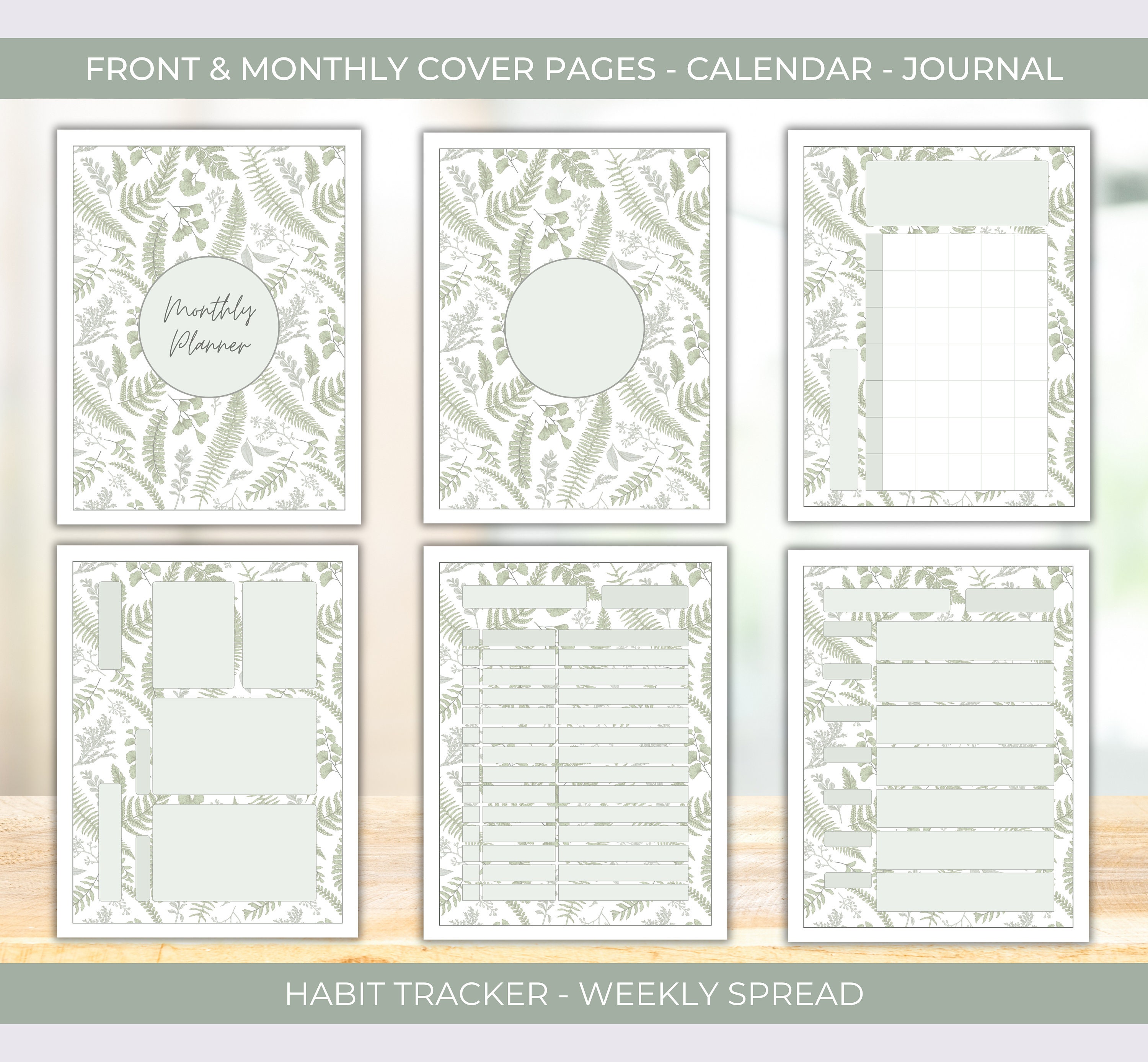Undated Green Leaf Minimalist Printable Monthly Planner Bundle ...