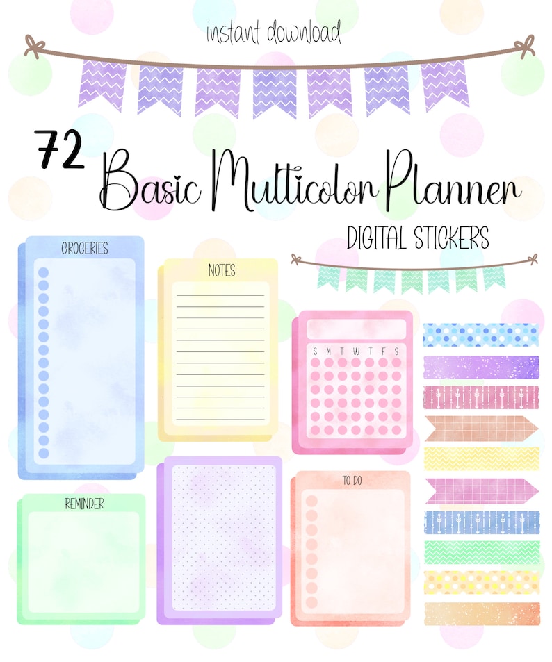 Basic Multicolor Digital Planner Stickers | 72 Individual PNG Files ...