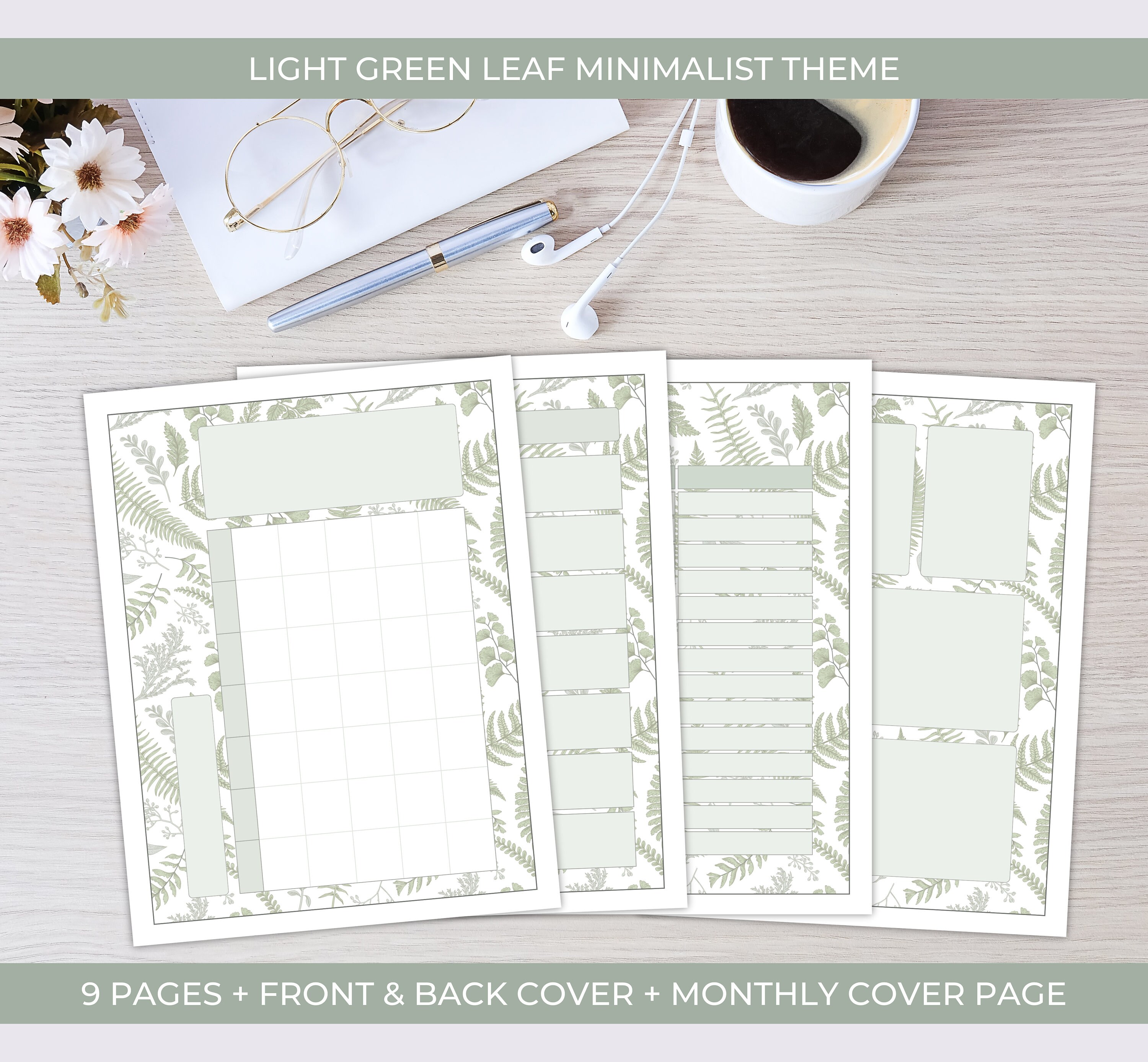 Undated Green Leaf Minimalist Printable Monthly Planner Bundle ...