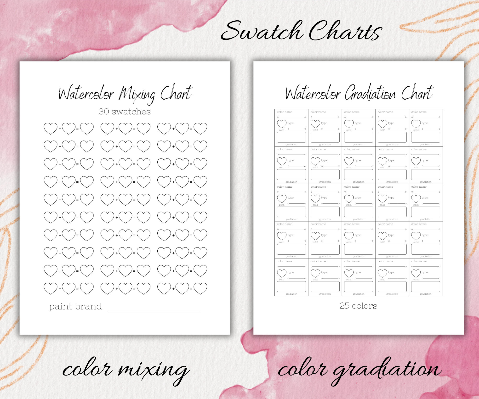 Printable Watercolor Swatch Sheets | 36,48,64,100 + Charts | 7 Pages in ...