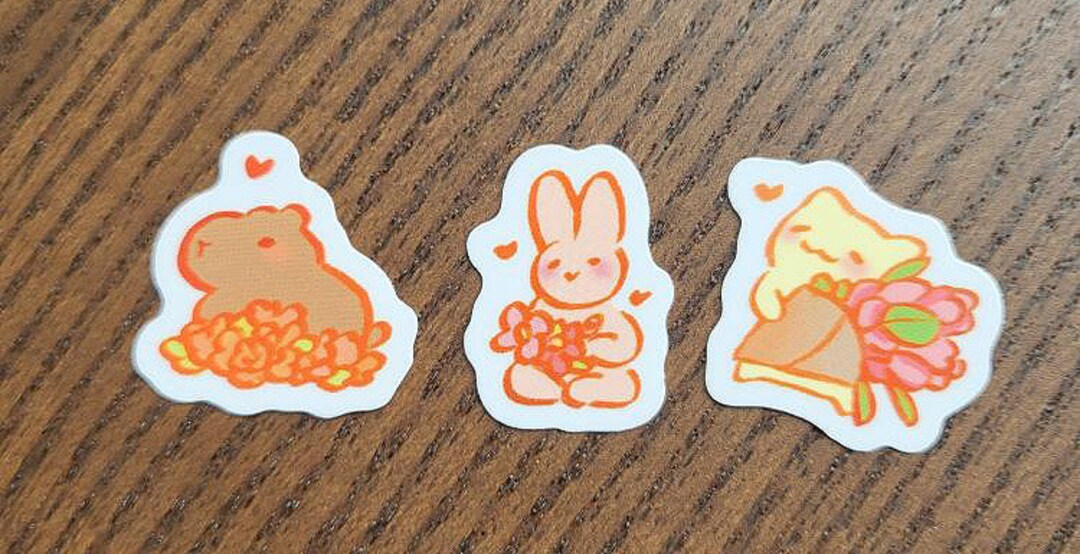 Cute Rabbit Capybara and Cat Holding Flower Clear Vinyl Sticker - Etsy
