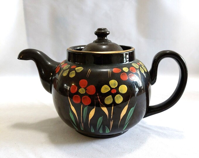 Vintage Alcock Lindley & Bloore ALB Brown Hand Painted Floral Teapot ...