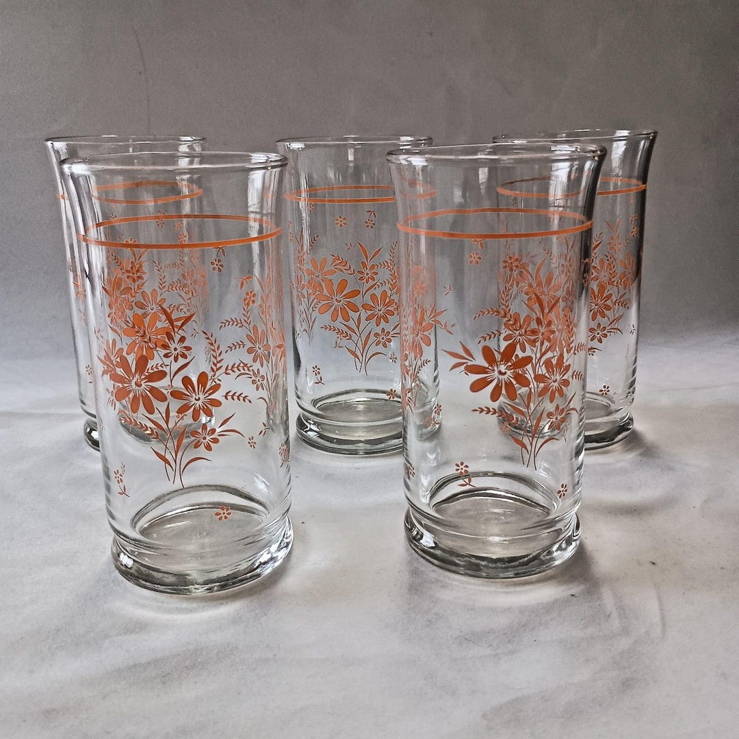 Vintage Libbey Drinking Glasses Tumblers Orange Peach Flowers Daisy Set ...