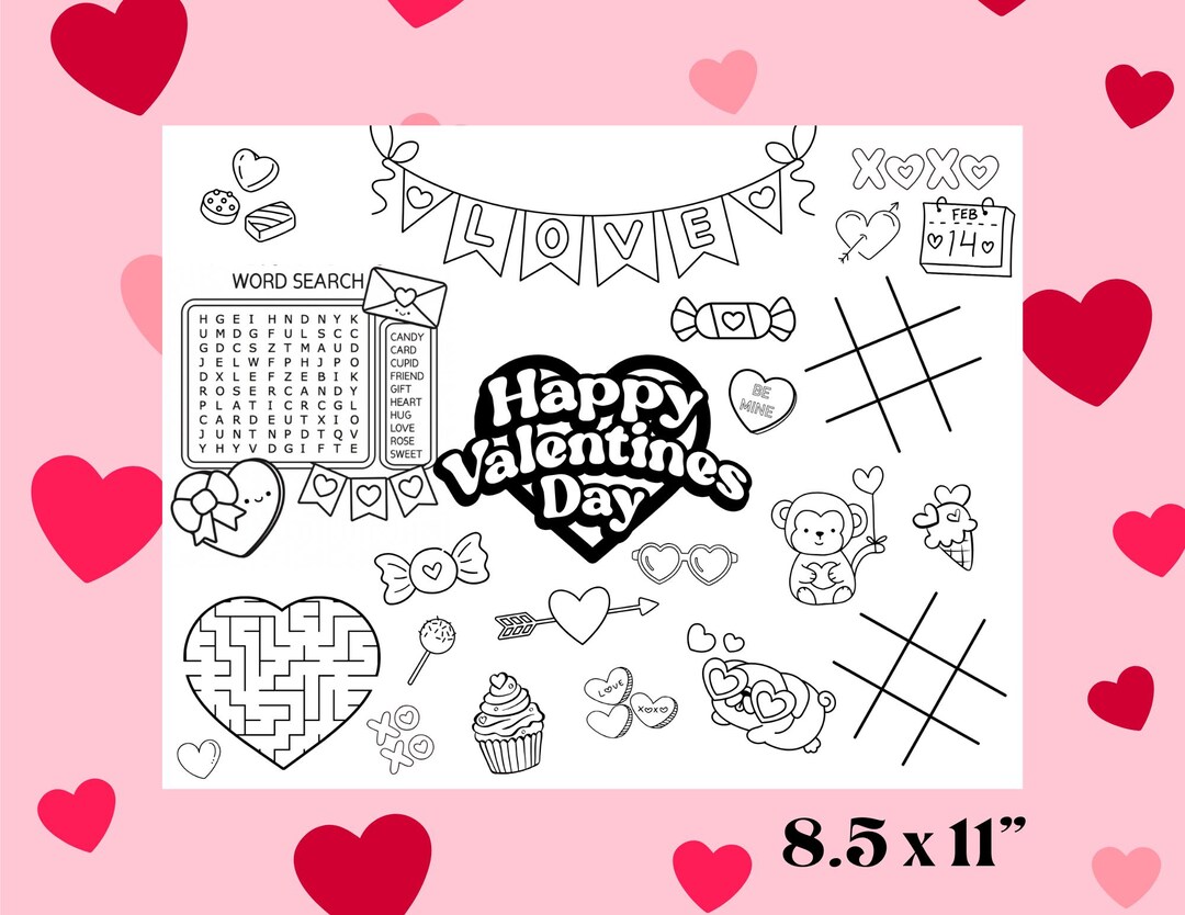 Valentine's Day Activity Coloring Mat, Printable Valentines Day ...