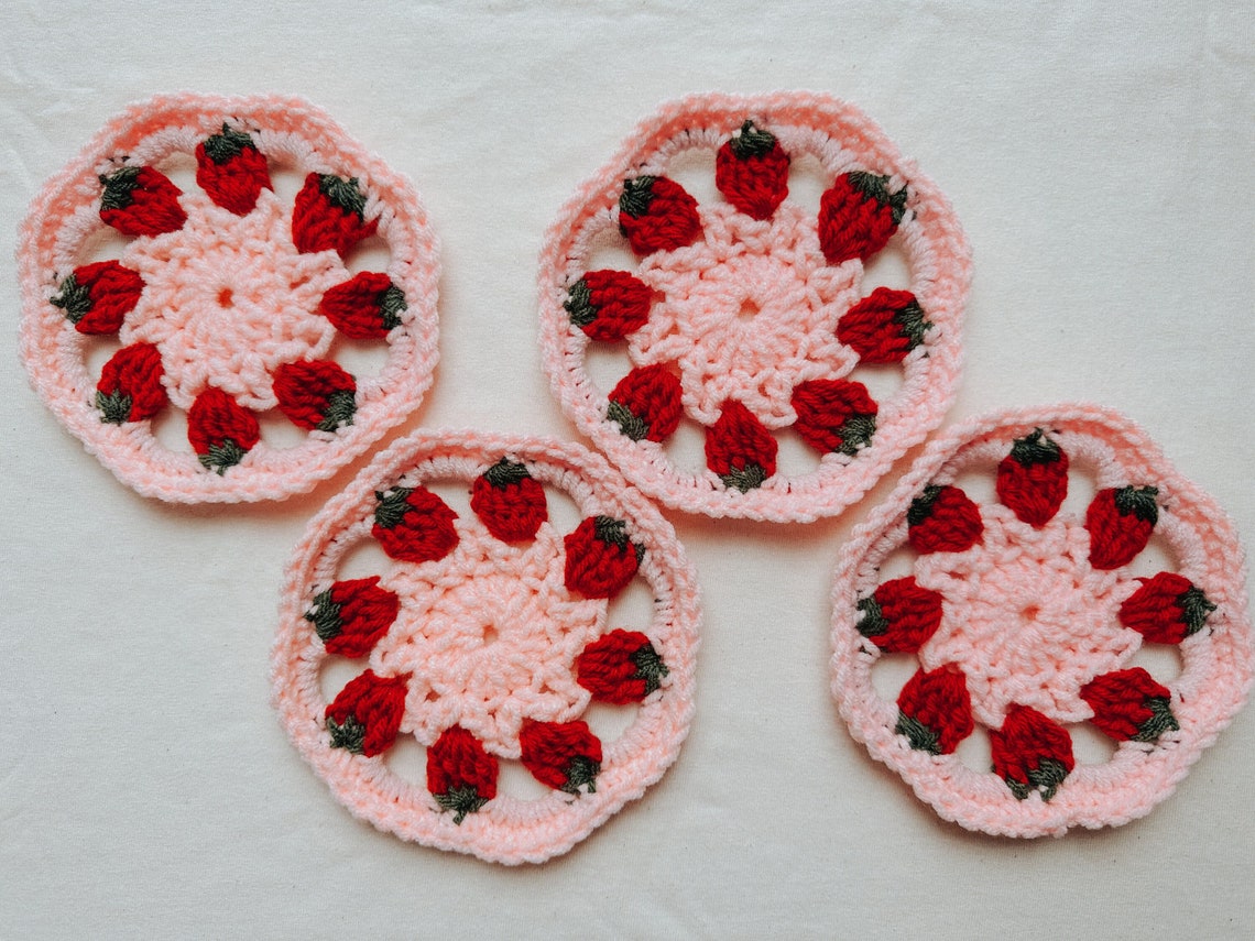 Strawberry Crochet Coasters With Pink Background | Set of 4 Handmade ...