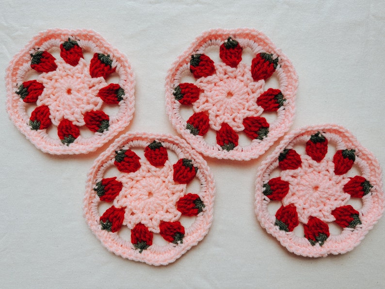 Strawberry Crochet Coasters With Pink Background | Set of 4 Handmade ...