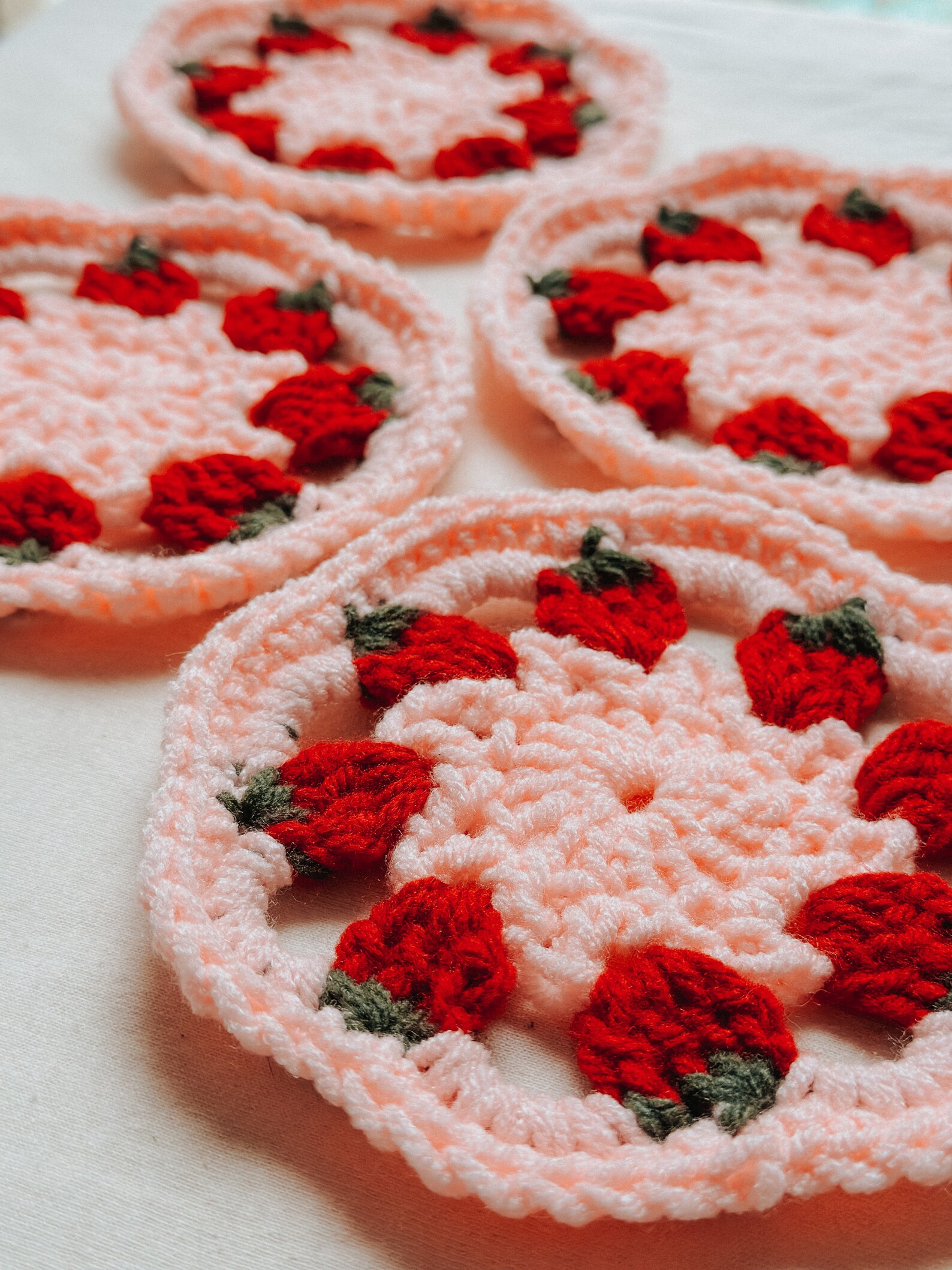 Strawberry Crochet Coasters With Pink Background | Set of 4 Handmade ...