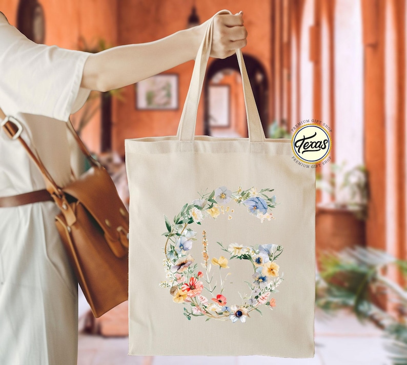 Custom Floral Initial Tote Bag: Wildflower Monogram Totes - Etsy