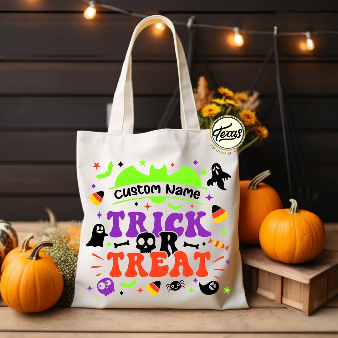Custom Name Colorful Trick or Treat Tote Bag, Personalized Halloween ...