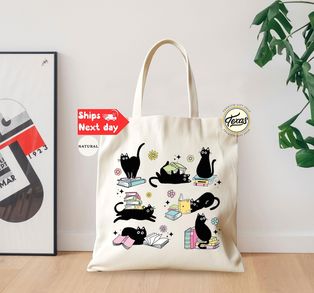 Cat and Books Tote Bag: Bookish Cat Lover Gift - Etsy