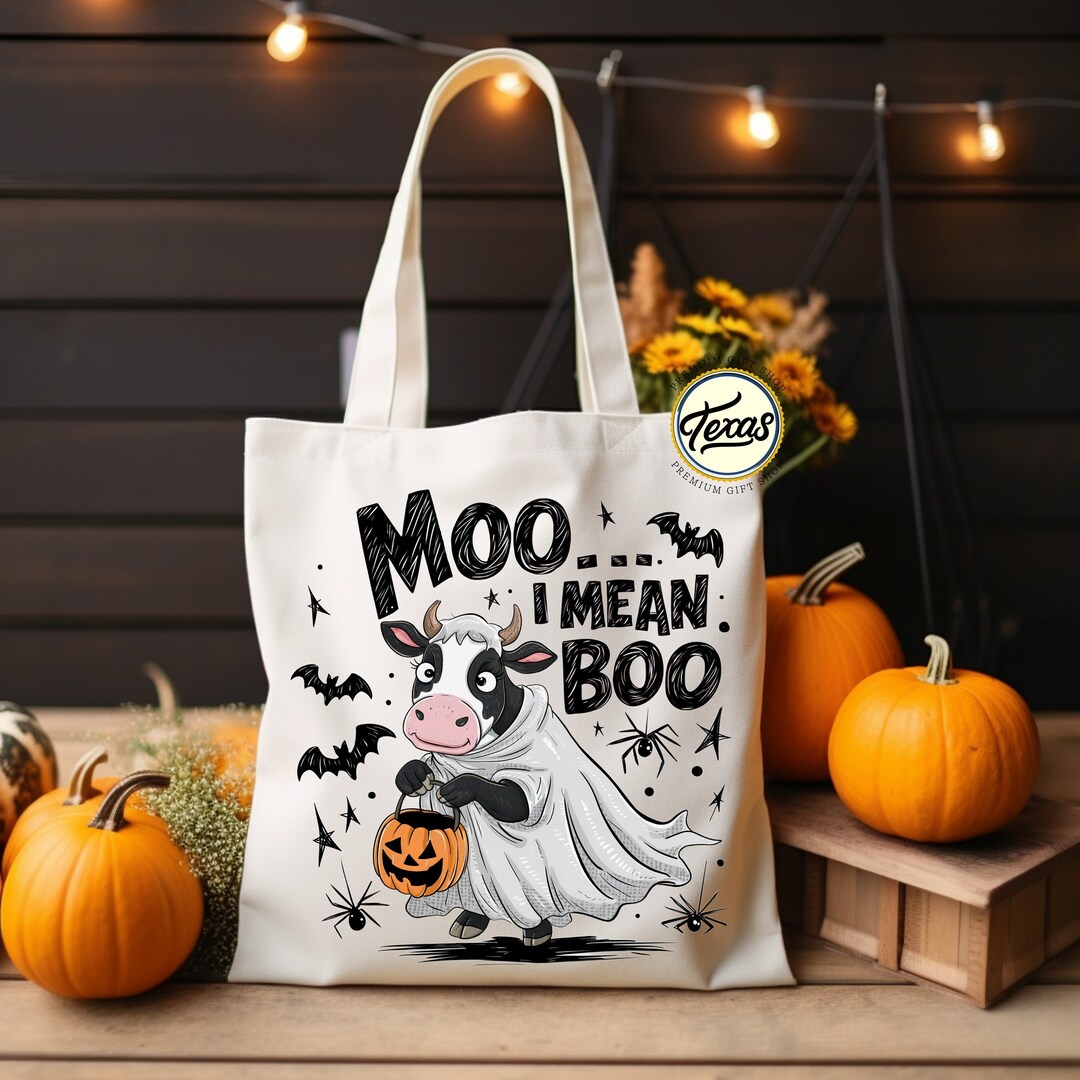 Moo I Mean Boo Tote Bag, Spooky Cow Halloween Gift, Western Boo Cow ...