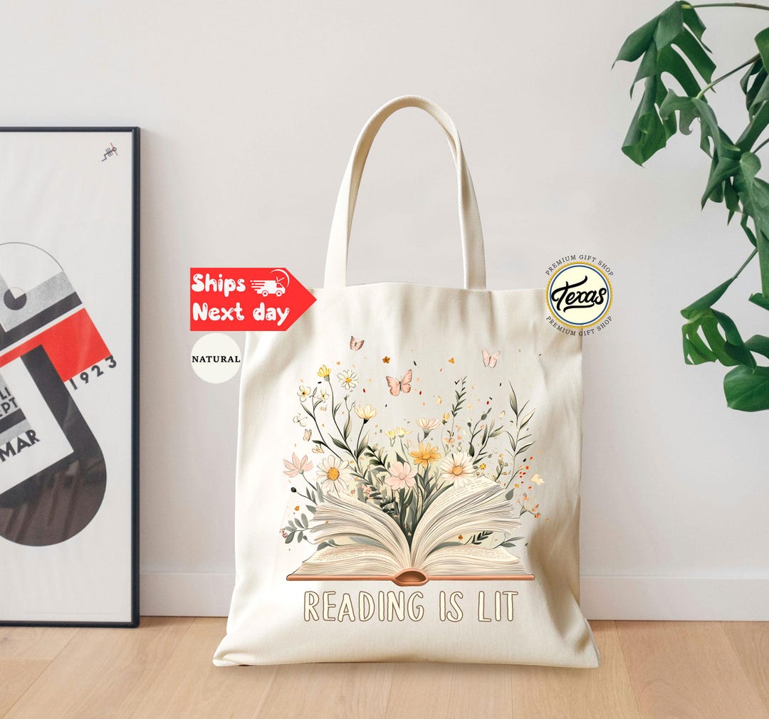 Reading is Lit Tote Bag, Floral Book Tote Bag, Book Club Bag, Canvas ...