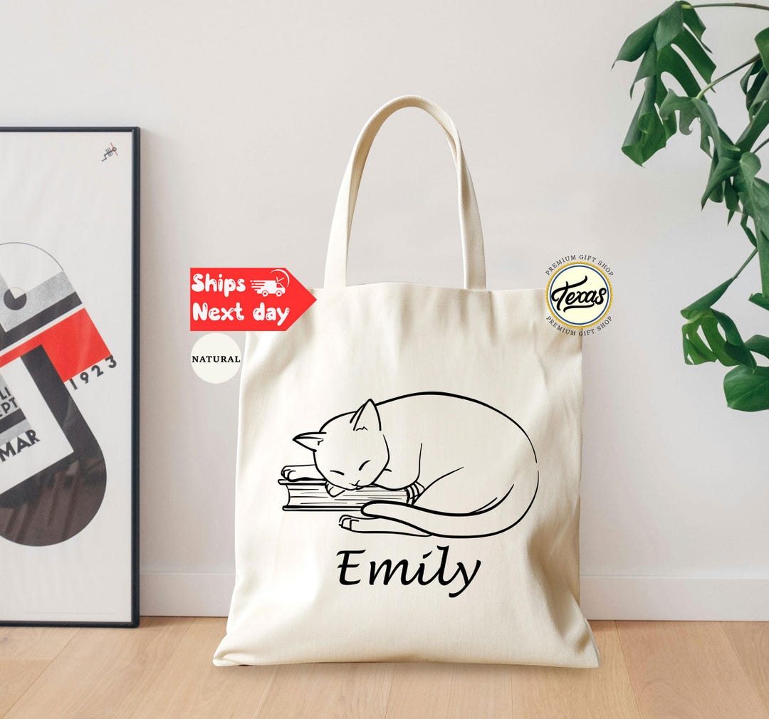 Custom Name Cat and Book Tote Bag, Personalized Bookish Cat Totes, Cat ...