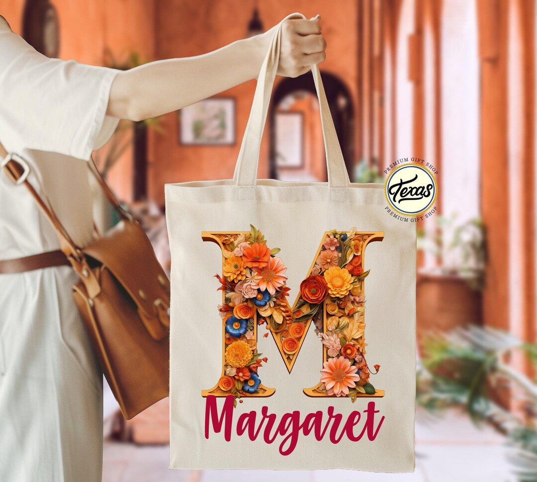 Custom Alphabet and Name Floral Tote Bag, Custom Library Tote Bag, Book ...