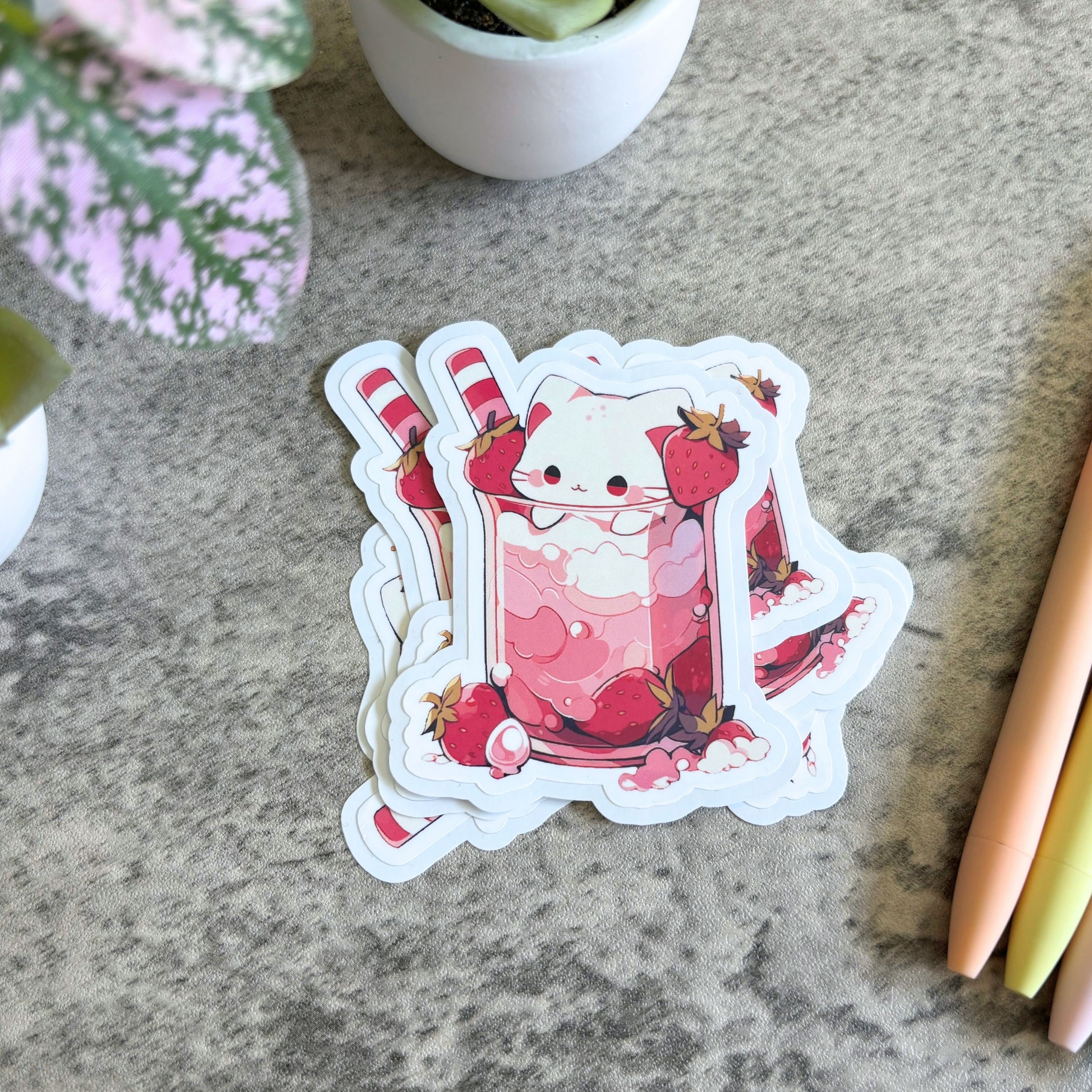 Cafe Cat Sticker, Cute Kawaii Aesthetic, Strawberry Milkshake Cat ...
