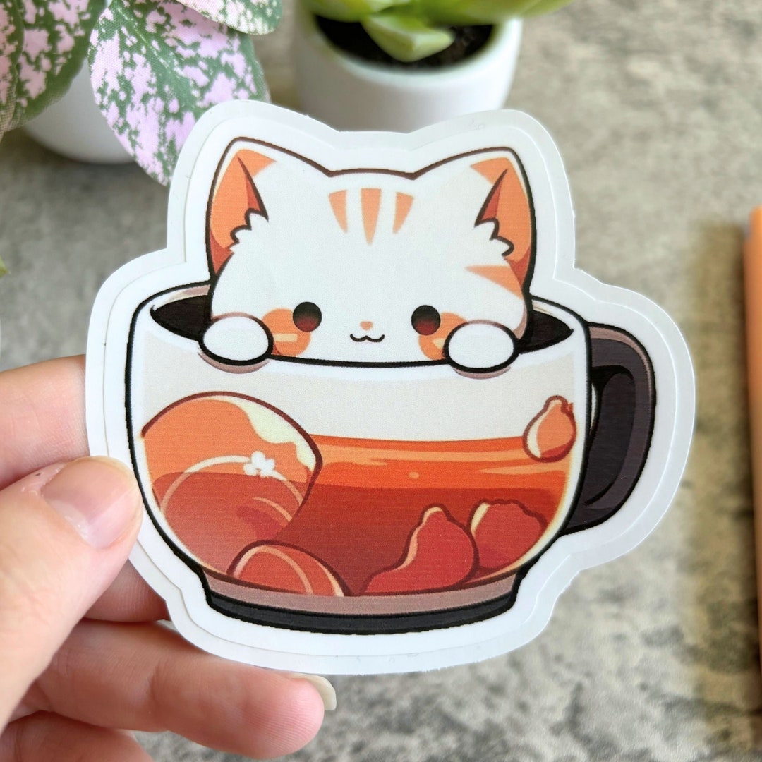 Tea Cup Cat Sticker, Cute Stickers Kawaii Aesthetic, Coffee Tea Cocoa ...