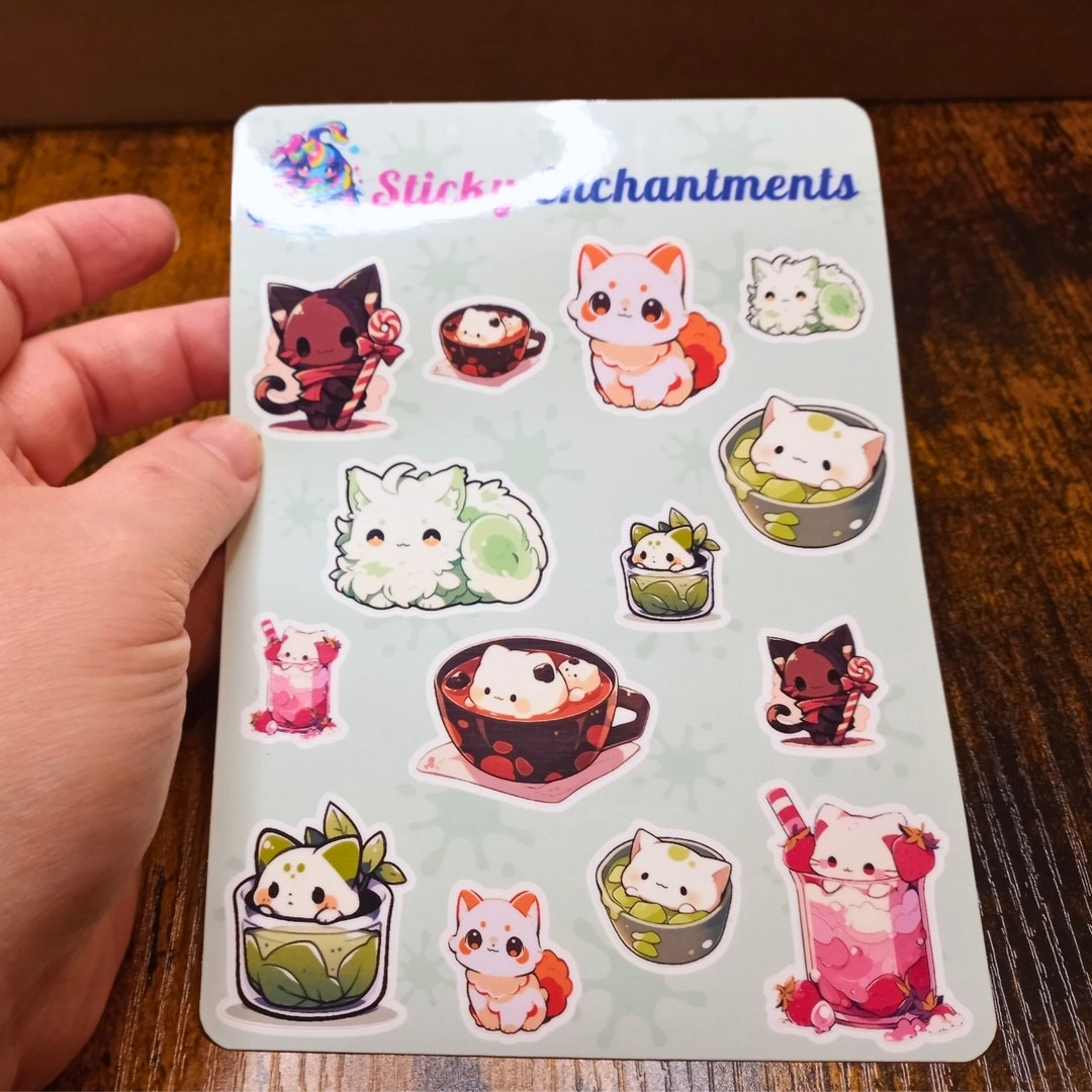 Cafe Cats Vinyl Sticker Sheet, Kawaii Aesthetic, Beverage-themed Cats ...