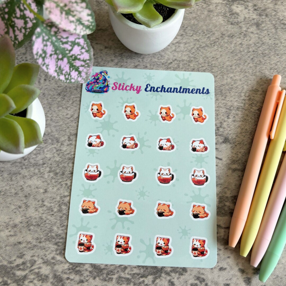 Mini Sticker Set, Cute Cats With Autumn Drinks, Tiny Stickers, Sets of ...