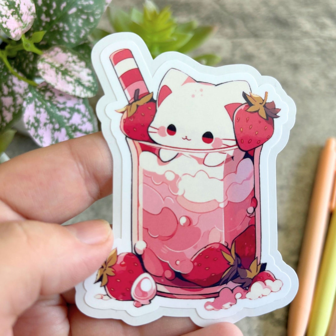 Cafe Cat Sticker, Cute Kawaii Aesthetic, Strawberry Milkshake Cat ...
