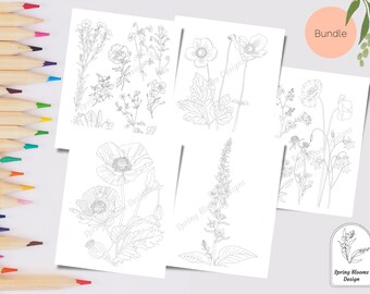 Wildflower Floral Coloring Pages for Adults, Flower Meadow, Printable ...