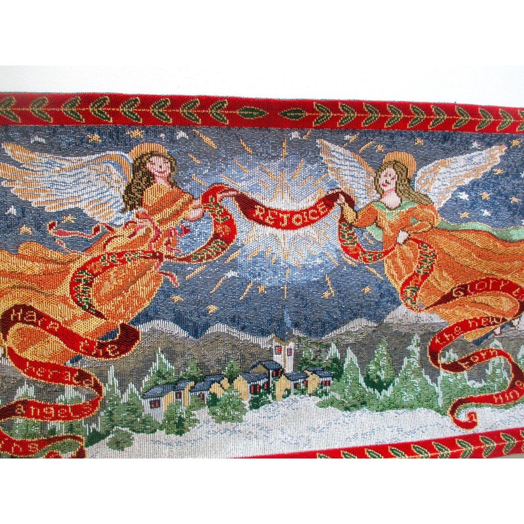 Christmas Angel Tapestry Table Runner Tassels Stars 13" X 38" Blue Red ...