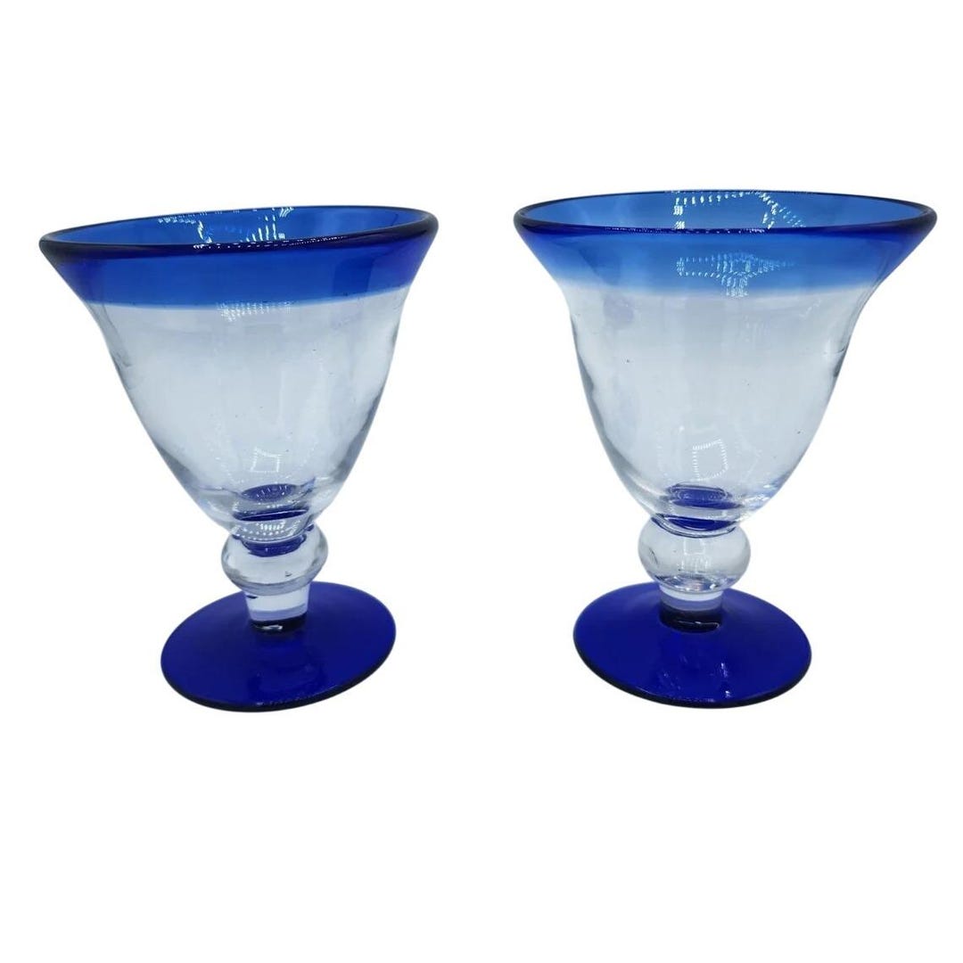 Hand Blown Mexican Glass Goblets With Cobalt Blue Trim & Bubble Base 2 ...