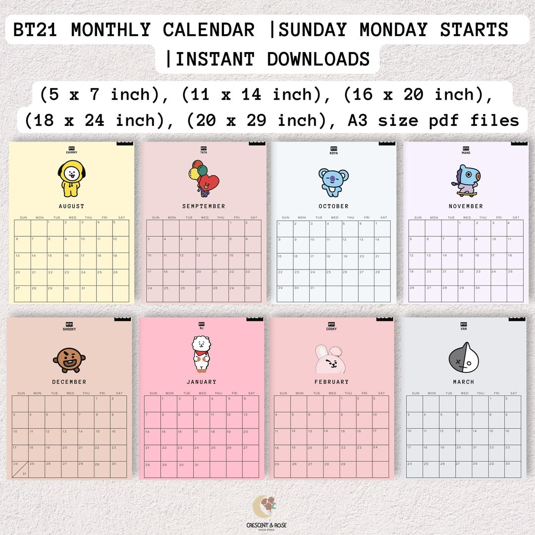 BT21 Printable Calendar, BTS Calendar, Monthly Calendar, Monthly ...