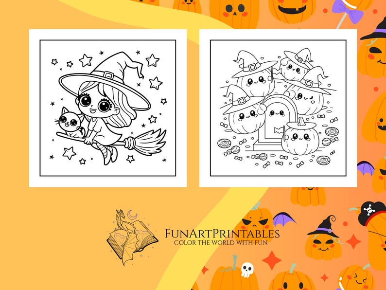 Kawaii Halloween Coloring Pages, 10 Pages, Witches, Cats, Pumpkin ...