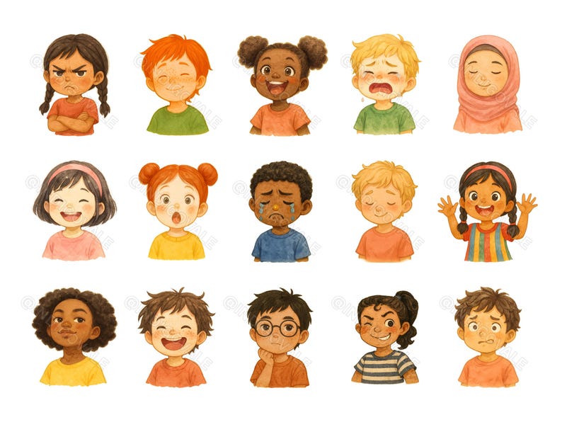 Emotion Kids Faces Clipart Set – Diverse Watercolor Child Emotions ...