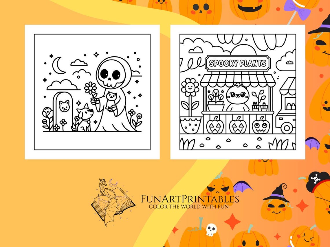 Kawaii Halloween Coloring Pages, 10 Pages, Witches, Cats, Pumpkin ...