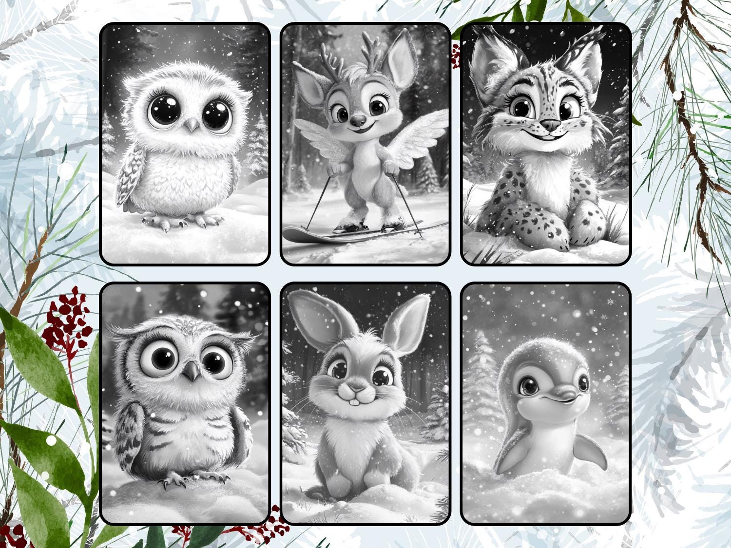 40 Cute Christmas Creatures and Animal Babies Grayscale Christmas ...