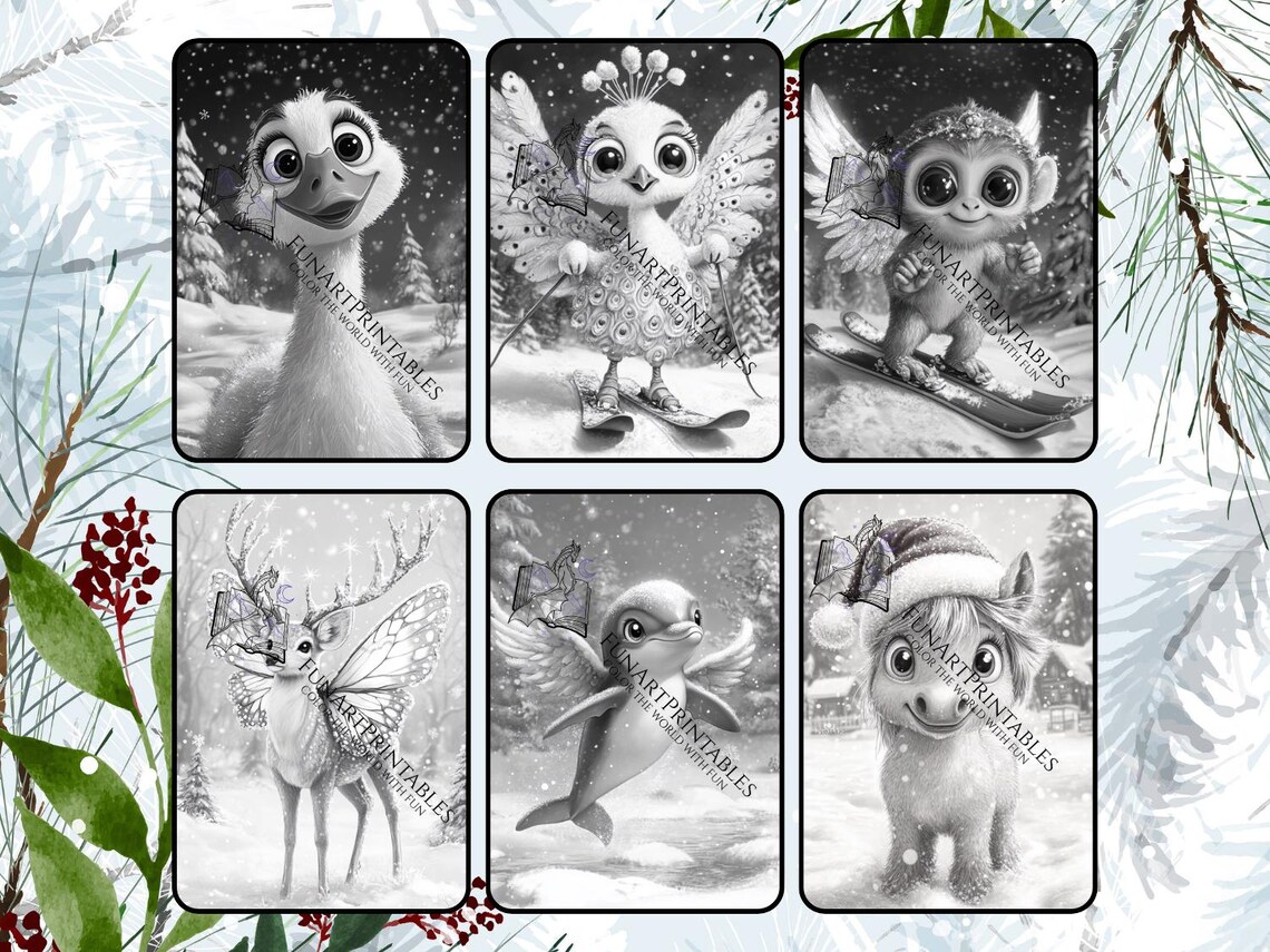 40 Cute Christmas Creatures and Animal Babies Grayscale Christmas ...