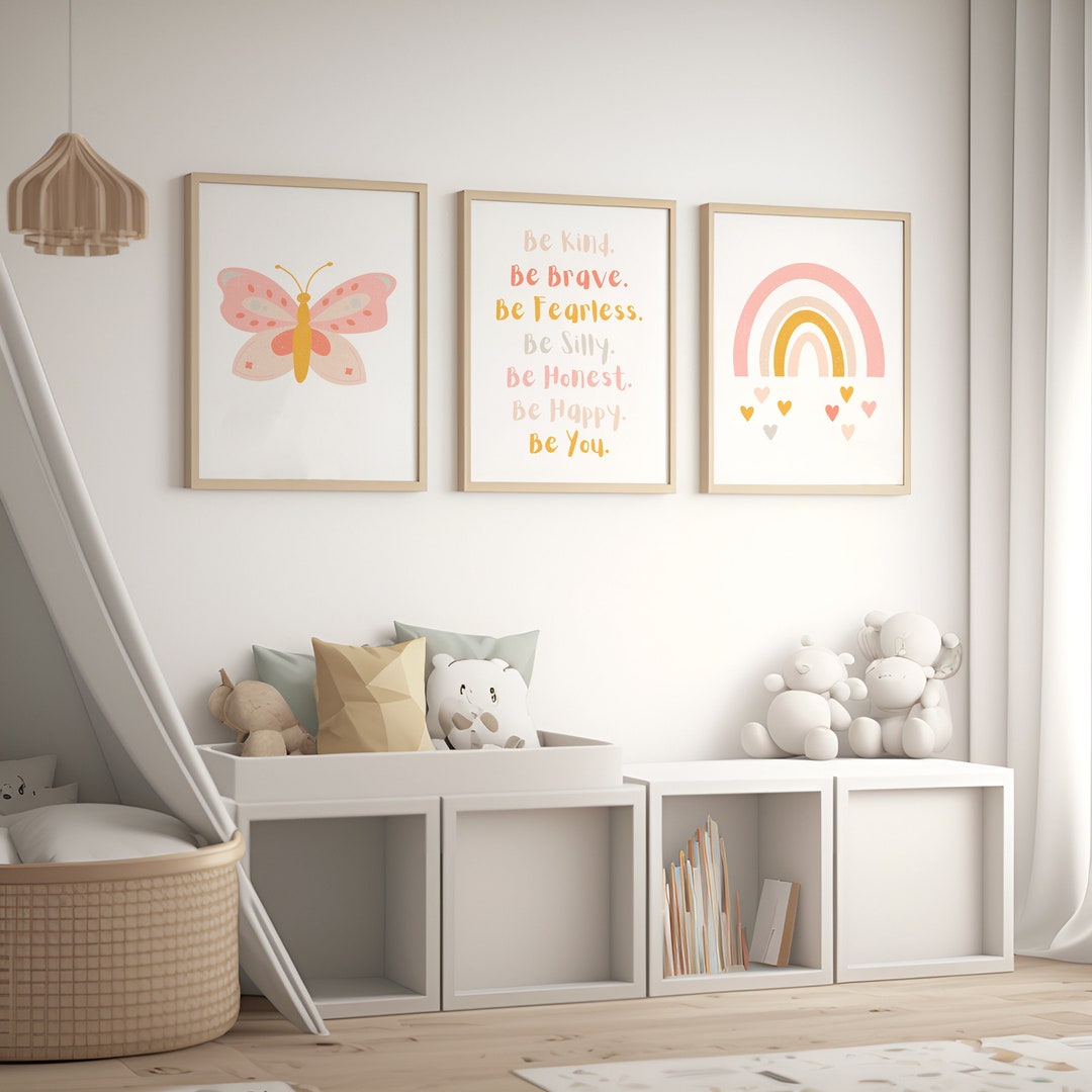 Be Brave Nursery Wall Art Set, Rainbow With Hearts, Be Fearless Print ...