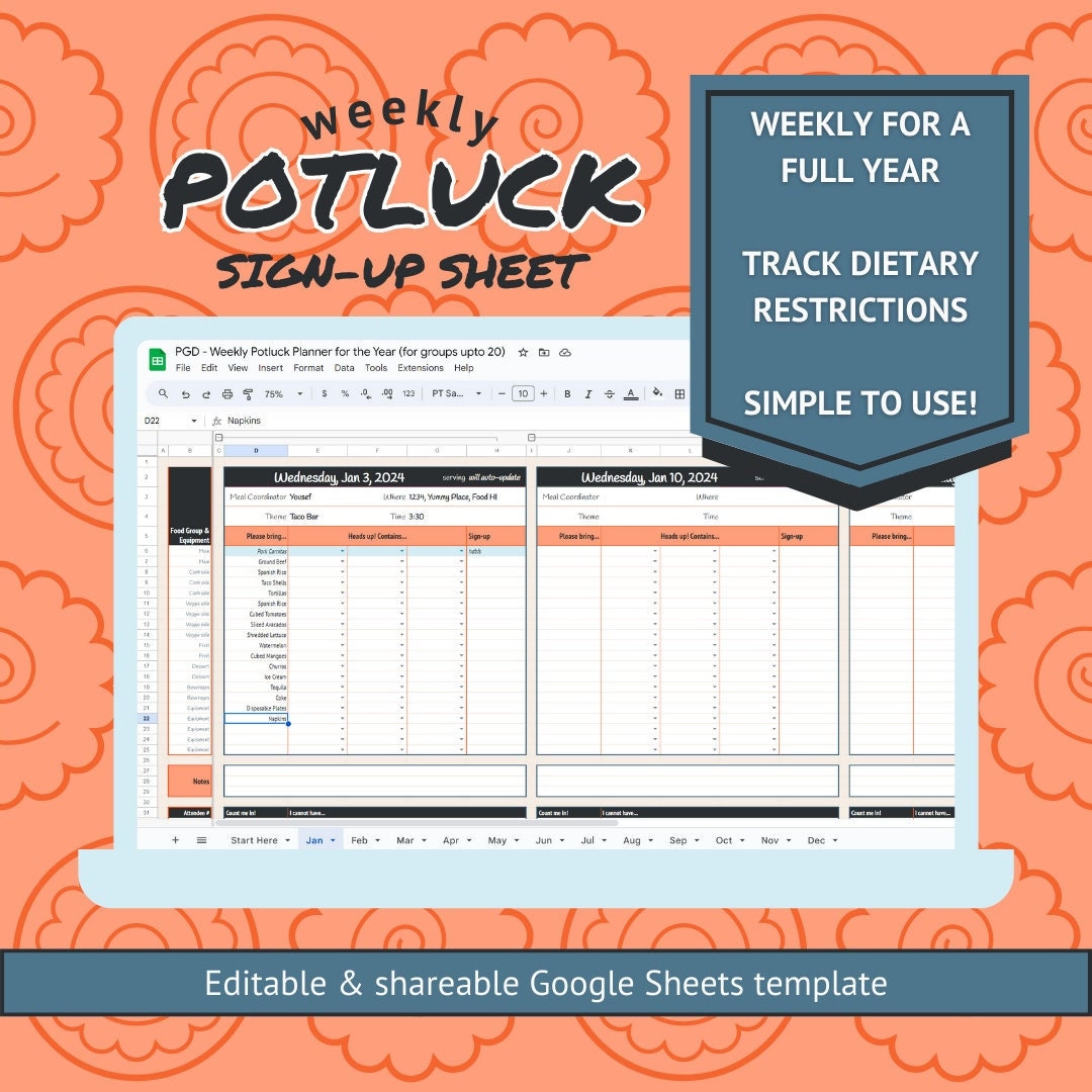 Weekly Potluck Sign-up Sheet Planner Online Spreadsheet Google Sheet Template - Etsy