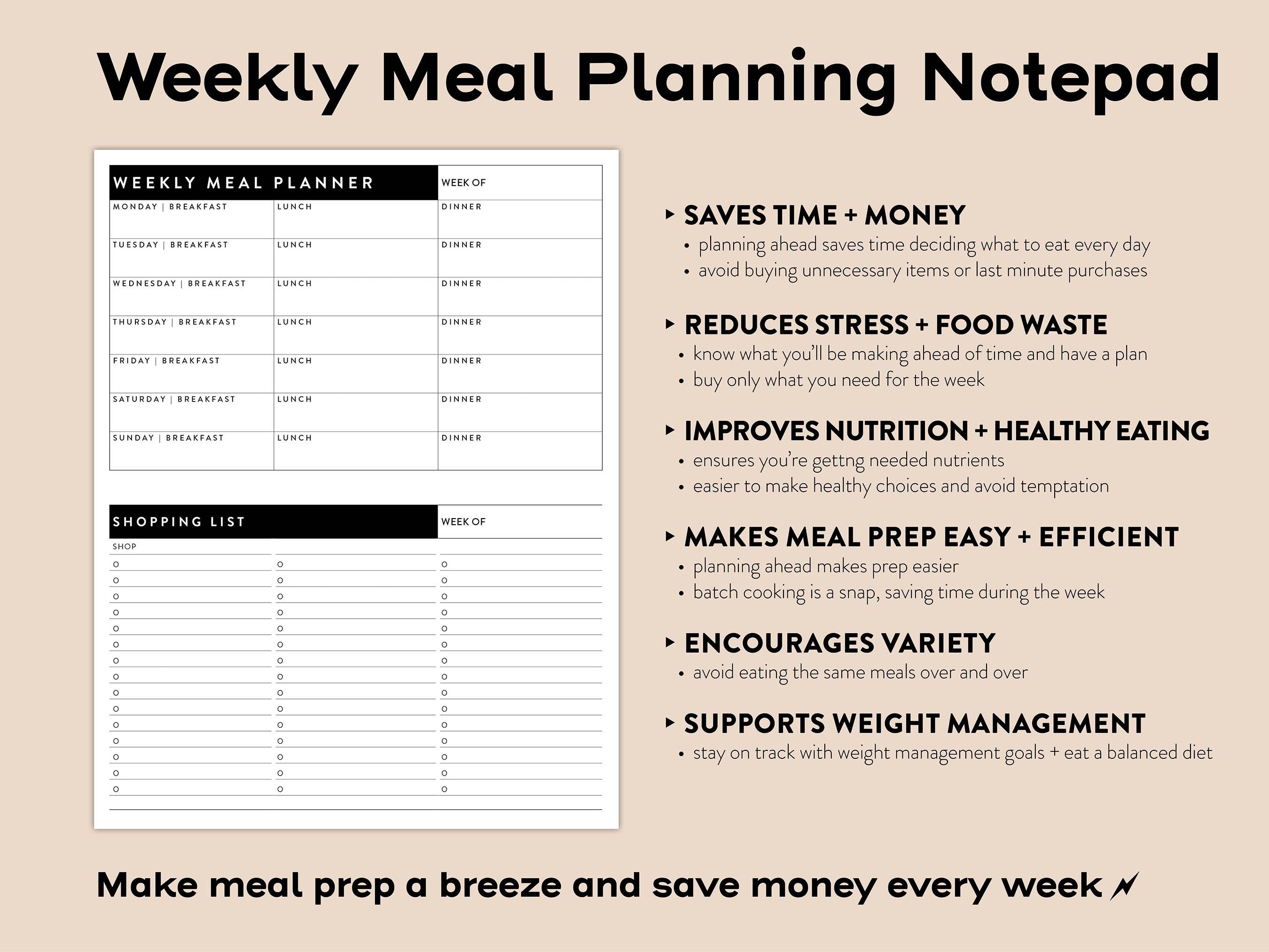 Minimalist Weekly Meal Planner Notepad With Shopping List | Menu ...