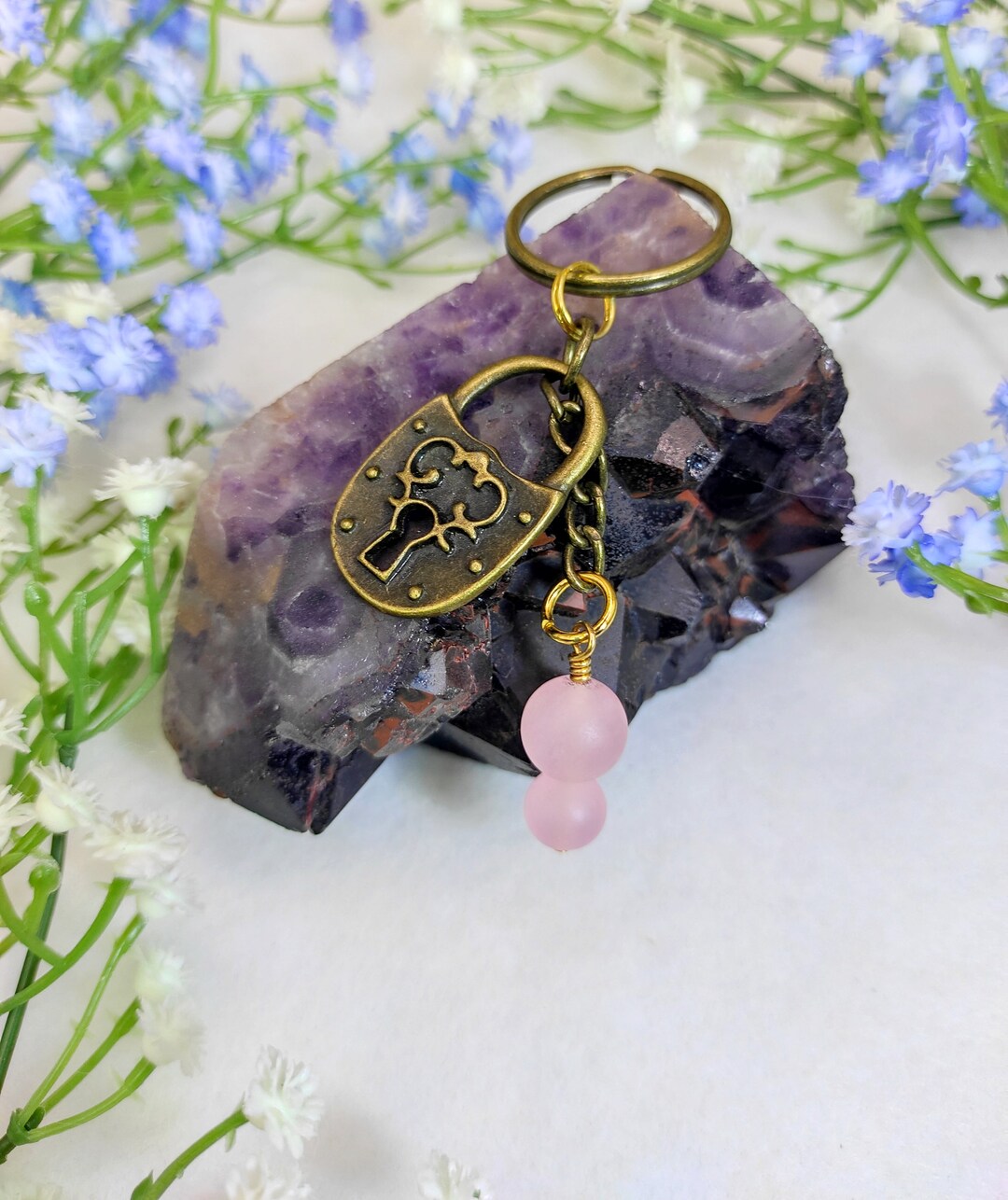 Pink Jade Gemstone Keychain, Steampunk Keychain, Small Gemstone Lover ...