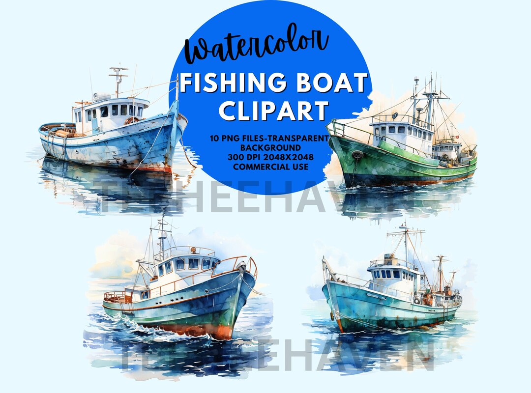 Watercolor Fishing Boat Clipart, Clipart Bundle, Photo, Photo Camera ...
