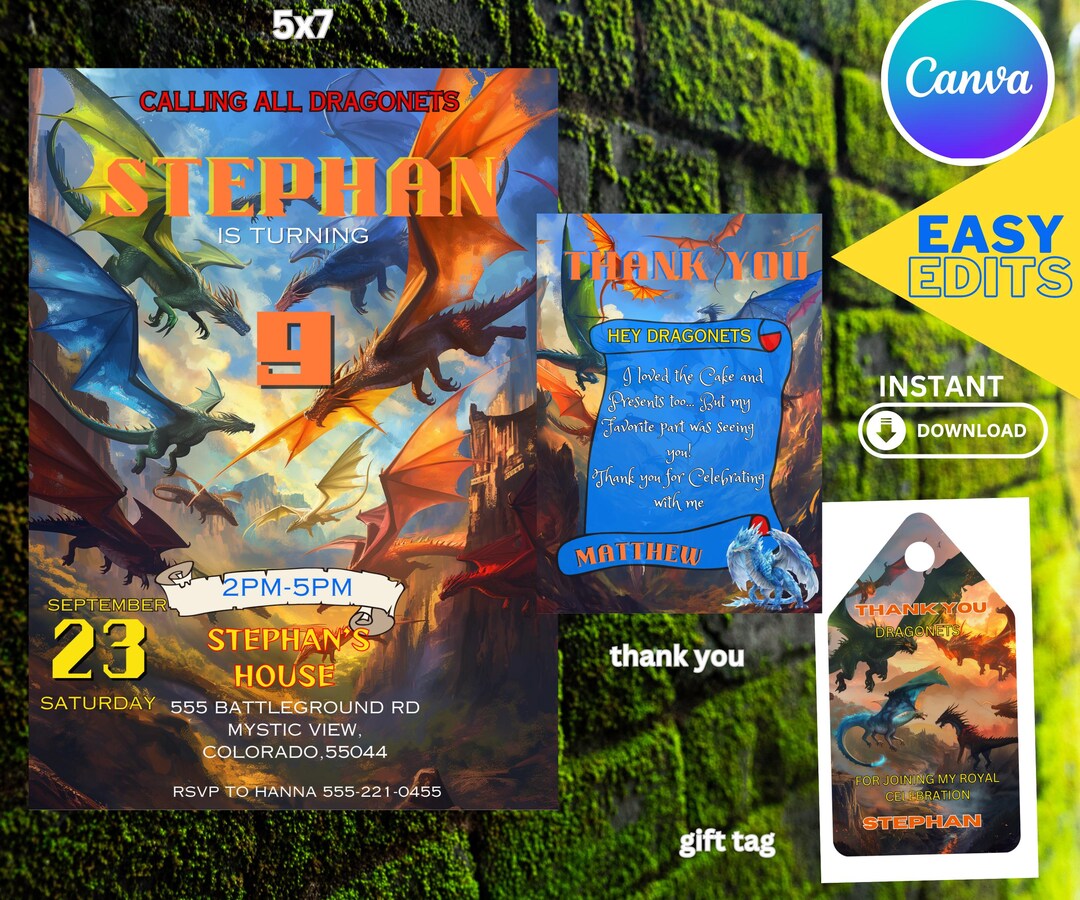 Wings of Fire Birthday Bundle Invitation, Boy Invitation, Editable ...