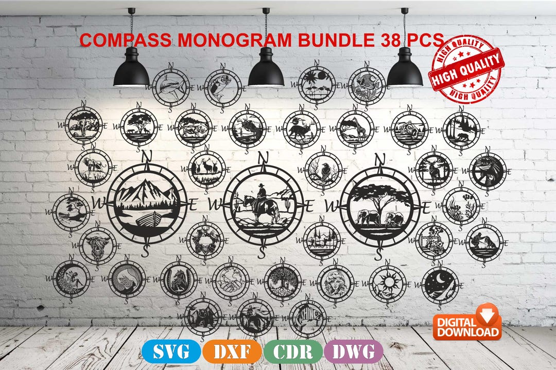 Compass Monogram Wall Art Decor Vector Drawing File for Laser Cutting ...