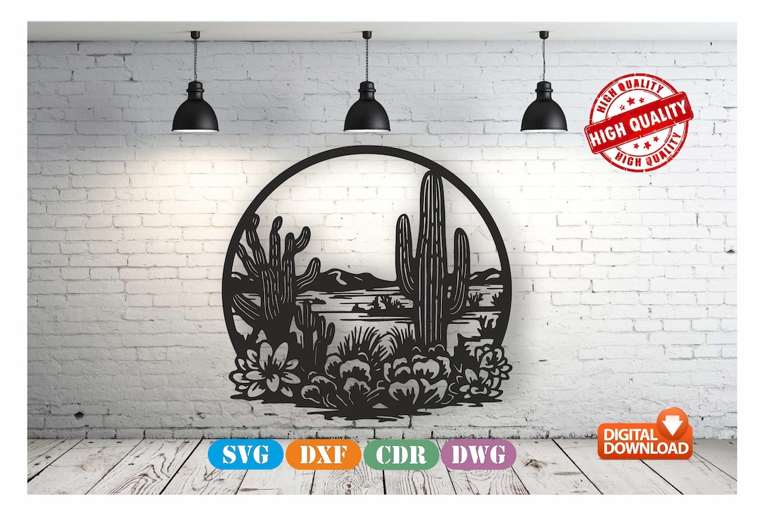 Desert Landscape With Cactus High Quality Wall Art Decor Vector Drawing ...