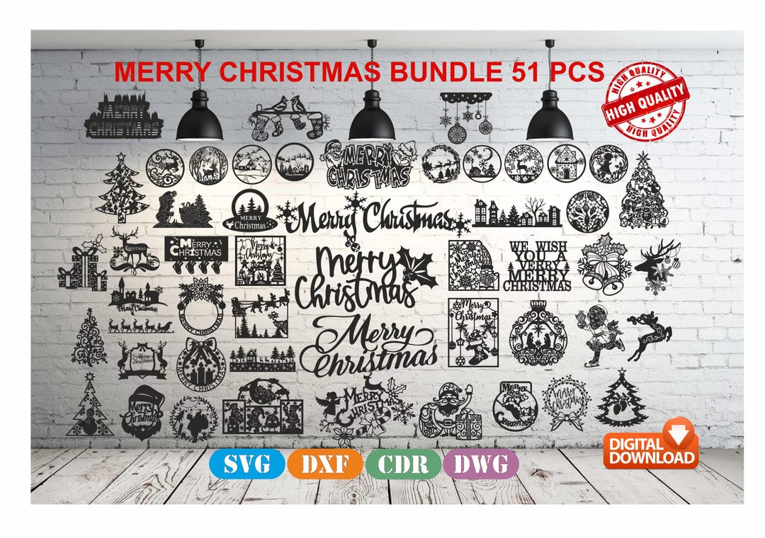 Merry Christmas Bundle Wall Decor Vector Drawing File for Laser Cutting ...