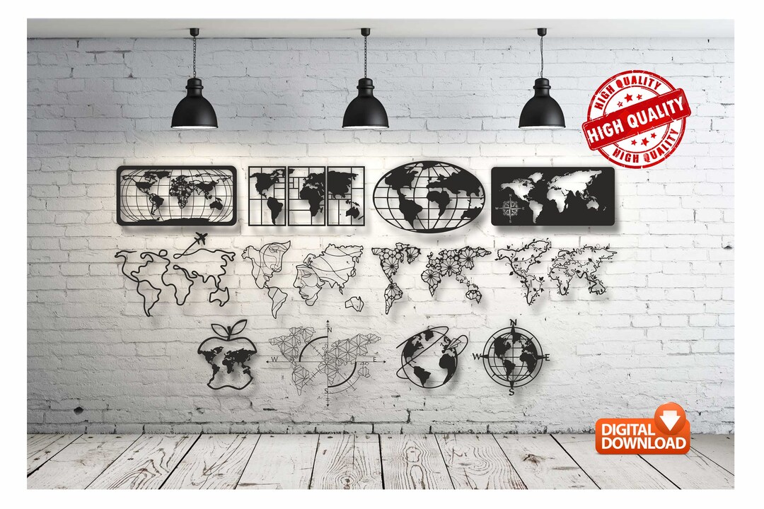 Archivo de dibujo vectorial World Map Wall Decor Bundle para corte por ...