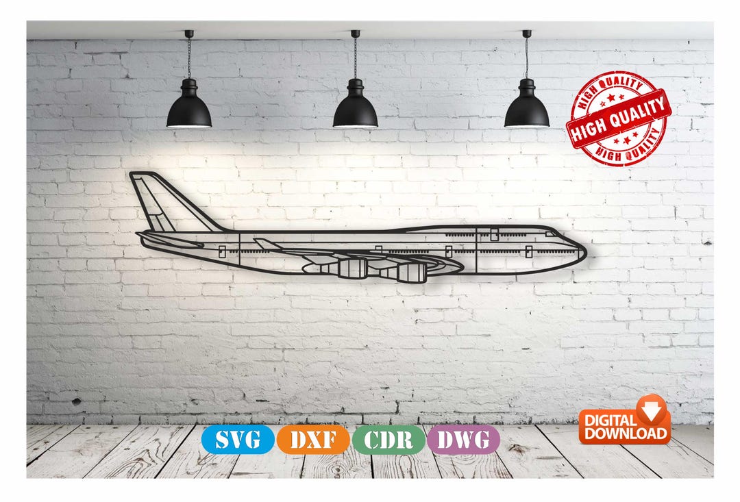 747 Airplane Silhouette Metal Wall Art Decor - CNC Laser Cut Template ...