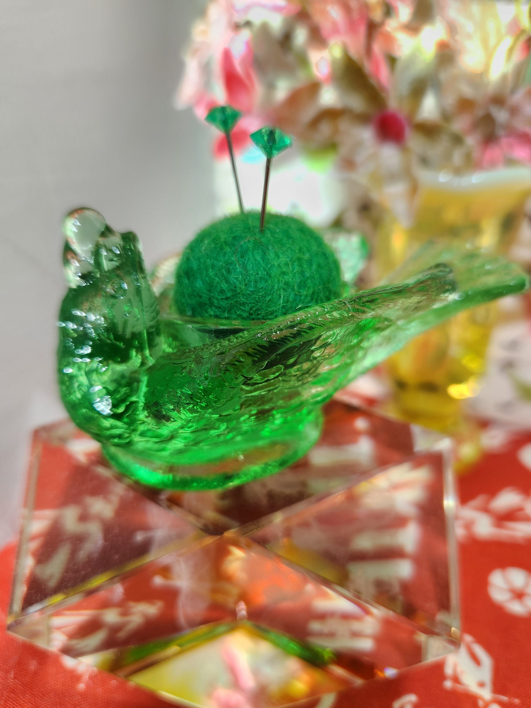 Vintage Salt Cellar Pincushion Degenhart Bird With Berry Green With A ...