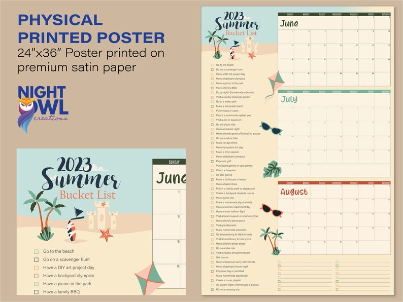 PHYSICAL POSTER: 24x36 2023 Summer Bucket List & Calendar Poster ...