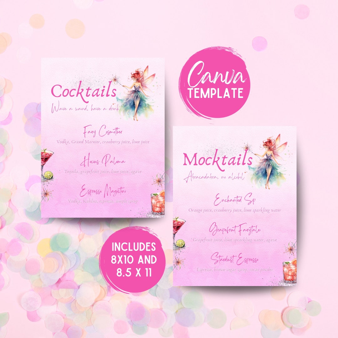 Pink Fairy Editable Cocktail Sign Pink Signature Drink Bar Sign Pink ...
