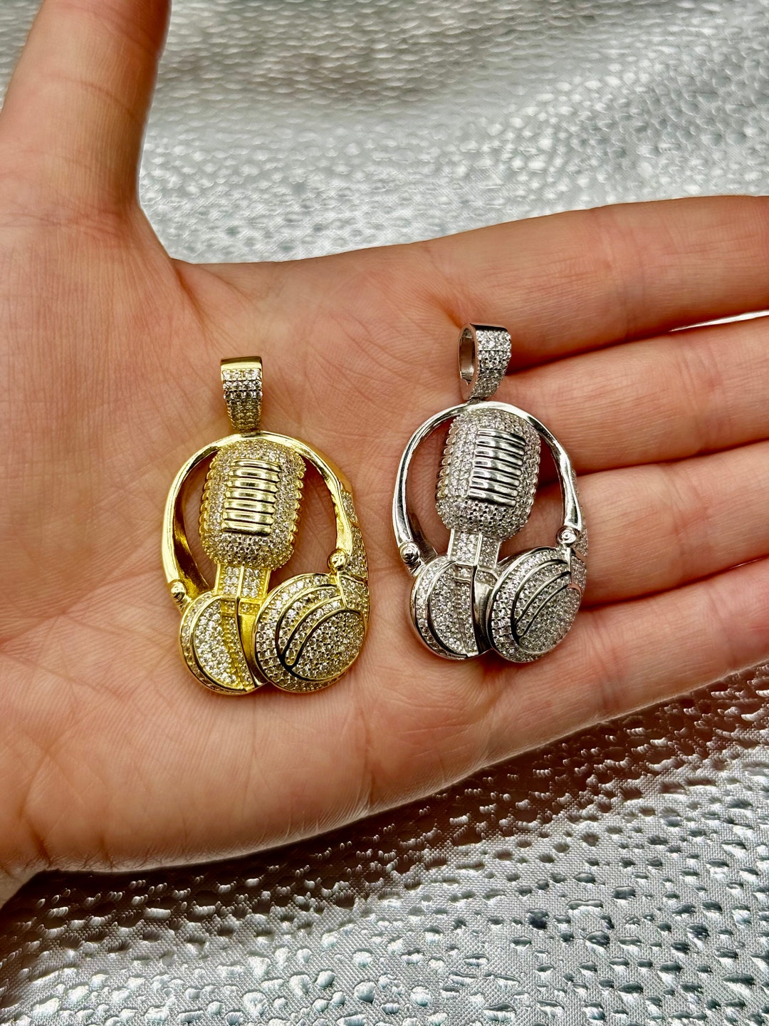 1 3/4 CZ Headphone and Microphone Charm Pendant 14k Gold Clad Sterling ...