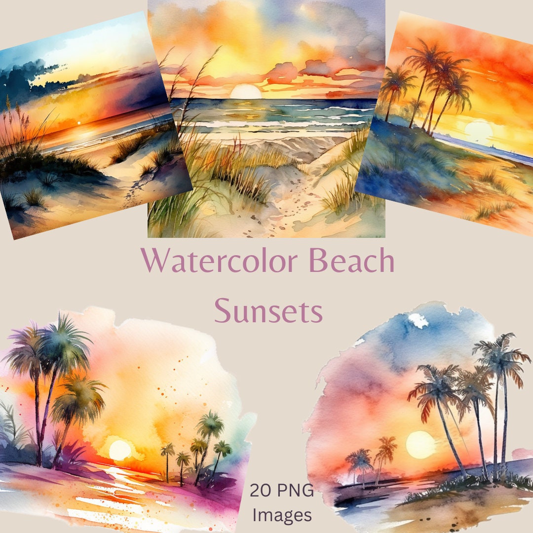 Sunset Png Clipart, Watercolor Beach, Digital Download, Colorful ...